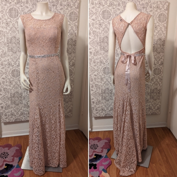 Sequin Hearts | Dresses | Sequin Hearts Pinky Beige Silver Lace Open ...